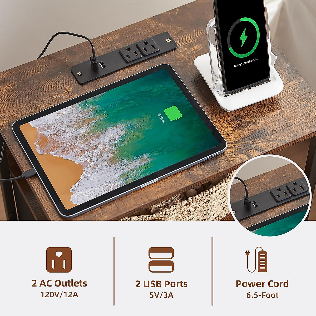 Somdot Nightstand with Charging Station and LED Light for Bedroom, Bedside Table End Table for Dorm Bedside Laundry Closet Entryway Hallway, Wood Grain Print