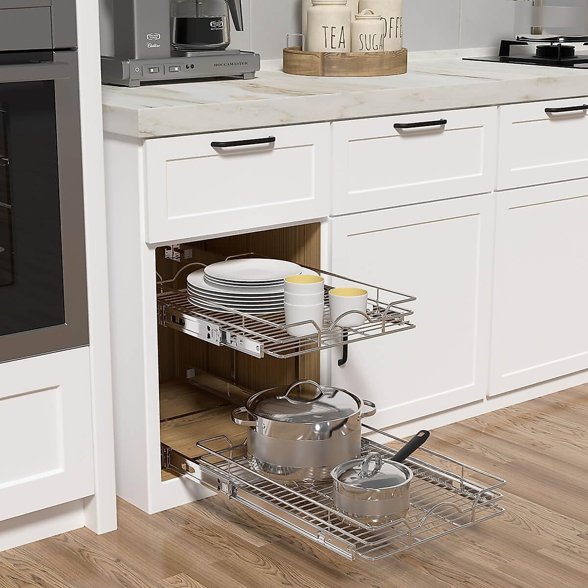 OCG 2 Tier Pull Out Cabinet Organizer (15.5" W x 21" D), Pull Out Drawers for Kitchen Cabinets, Pull Out Shelves for Base Cabinet Organization in Kitchen Bathroom Pantry, Chrome Finish