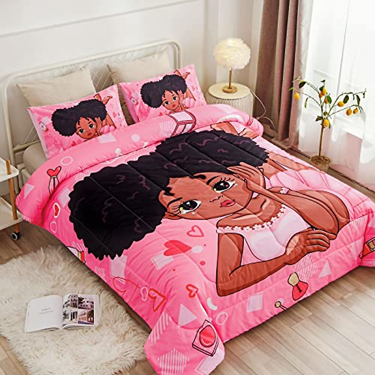 Black Girl Magic Comforter Set, African American Girls Comforter Set Full Size for Kids Teens, Black Girl Bed Set for Girls, Cute Black Girl Pink Princess Bedding Sets for Girls Bedroom Decor