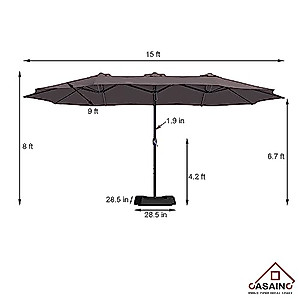 CASAINC 15 FT Patio Umbrella with Base Double-Sided Extra Large Outdoor Umbrella Market Rectangular Twin Umbrella w/Crank for Garden Deck Lawn Pool Backyard-Coffee (without Lights)