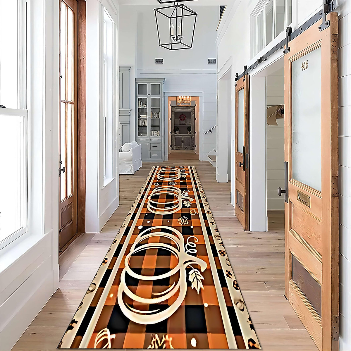 USHIRUG Thanksgiving Runner Rug, 2x10ft, Thanksgiving Buffalo Plaid Fall Non-Slip Hallway Rug, Washable Farmhouse Orange Black Kitchen Runner Rug, Non-Slip Durable Rug for Entrance Kitchen Decorative