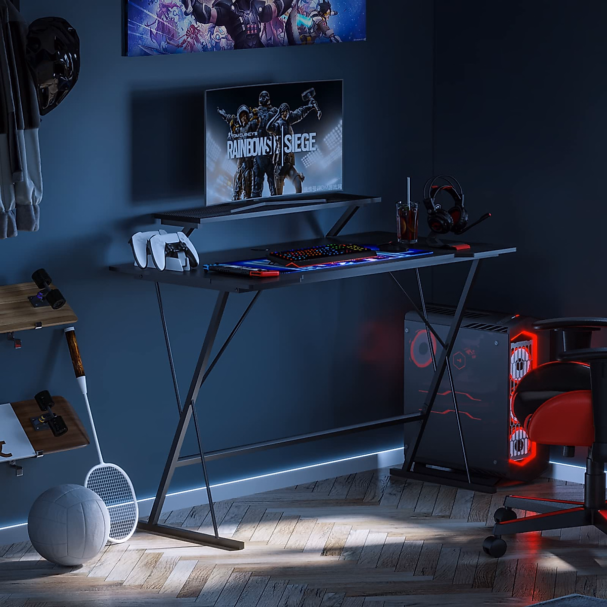 Bizzoelife Gaming Desk Home Office Table: 47Inch Z Shaped Home Office PC Computer Table, Gamer Workstation with Monitor Stand, Racing Style Game Tables with Cable Management Holes