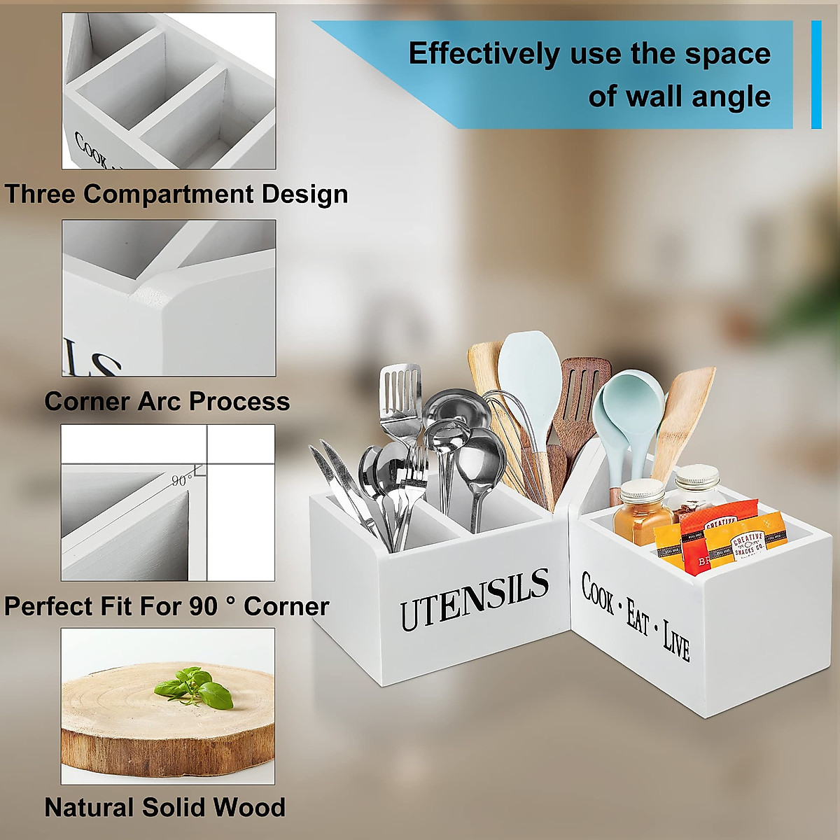 Utensil Holder for Kitchen Counter, Set of 2 Utensil Caddy Large Silverware Organizer for Spoons, Forks, Knives, Utensil Organizer with 6 Compartments for Kitchen, Countertop, Party, Camping