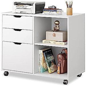 DEVAISE 3-Drawer Wood File Cabinet, Mobile Lateral Filing Cabinet, Printer Stand with Open Storage Shelves for Home Office, White