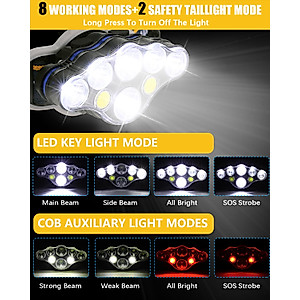 Rechargeable Headlamp, 8 LED Headlamp Flashlight 18000 Lumen 8 Modes with White Red Lights USB Cable, Waterproof Head Lamp for Outdoor Camping Cycling Running Fishing