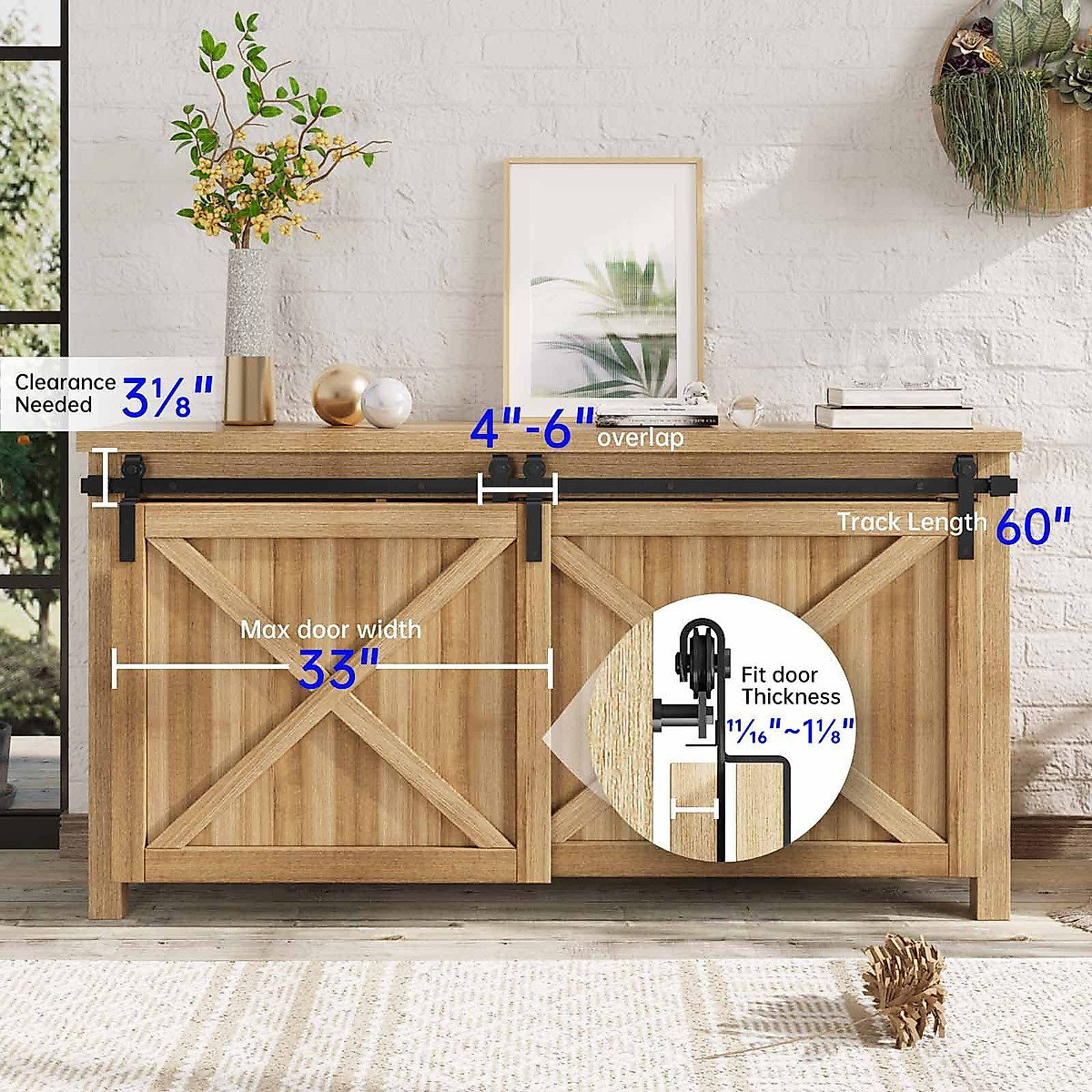 EaseLife 5 FT Mini Cabinet Bypass Sliding Barn Door Hardware Track Kit,Easy Install,Slide Smoothly Quietly,Apply for Storage Window TV Stand and Other Shielding (No Cabinet)