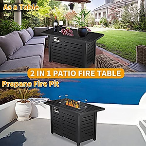 Xbeauty Fire Pit Table 43" Outdoor Gas Fire Pit Table with Lid, Rain Cover, Tempered Glass Wind Guard for Outside Garden Backyard Deck Patio