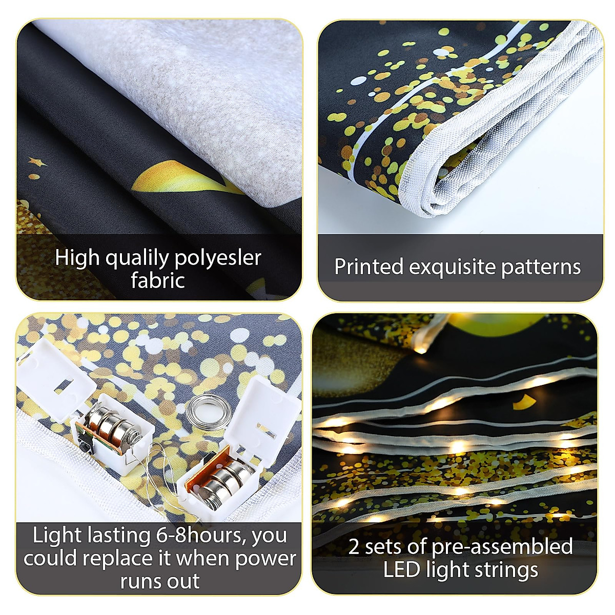 ZOIIWA 16th Birthday Backdrop Lighted Party Decorations Sweet 16 Backdrop with LED Light for Boys Girls Party Supplies Black Gold Happy 16th Birthday Photo Props Background with Light Party Favor