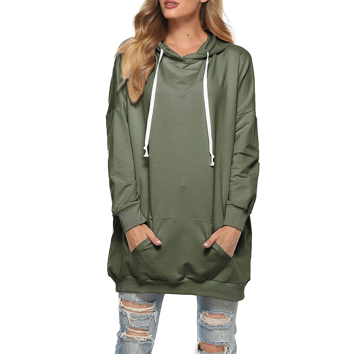 Famulily Womens Tunic Sweatshirts and Hoodies Oversized Drawstring Hood Unique Pullover Tops Army Green X-Large