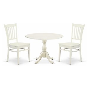 East West Furniture DMGR3-LWH-W 3 Piece Dining Set Contains a Round Dining Room Table with Dropleaf and 2 Kitchen Chairs, 42x42 Inch, Linen White