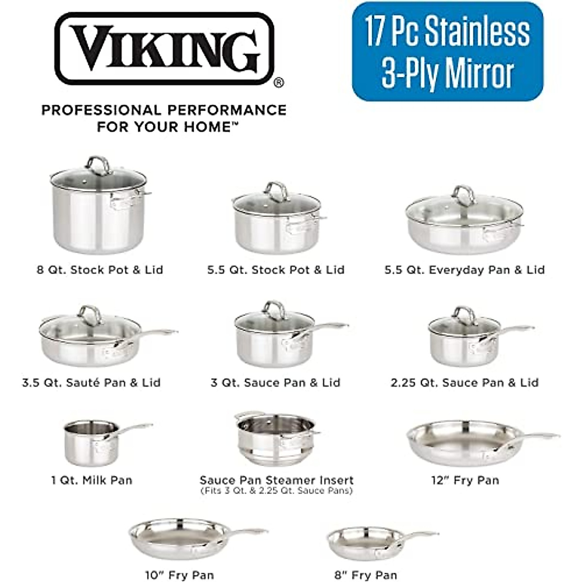 Viking Culinary 3-Ply Stainless Steel Cookware Set, 17 piece | Includes Pots & Pans, Steamer Insert & Glass Lids | Dishwasher, Oven Safe & 304 Stainless Steel Kitchen Utensil Set