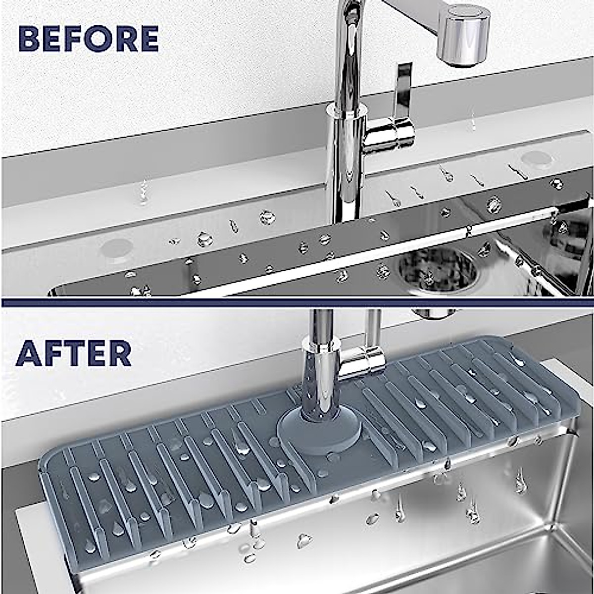 Kitchen Sink Splash Guard 17.56“ Longer, Splash Guard for Sink, Kitchen Faucet Splash Guard, Fully Wrapped, Silicone Faucet Handle Drip Catcher Tray, Sink Protectors Faucet Mat for Kitchen Bathroom