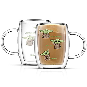 JoyJolt Awake! Grogu Coffee Mug Set of 2 Double Wall Mug. 13.5oz Large Espresso Cups, Cappuccino or Latte Cup. Mandalorian Star Wars Mugs, Insulated Coffee Mug, Clear Glass Cups Coffee Cup Set