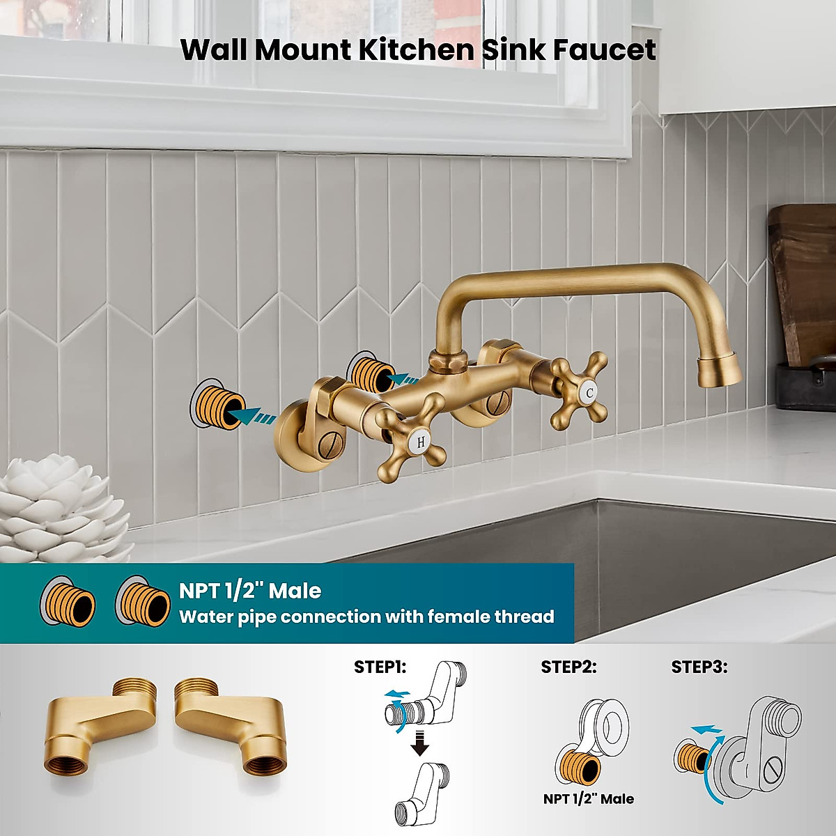 gotonovo Wall Mount Faucet 6 Inch Center Antique Brass Kitchen Sink Taps 2 Cross Knobs Handle Victorian Commercial with 9inch spout