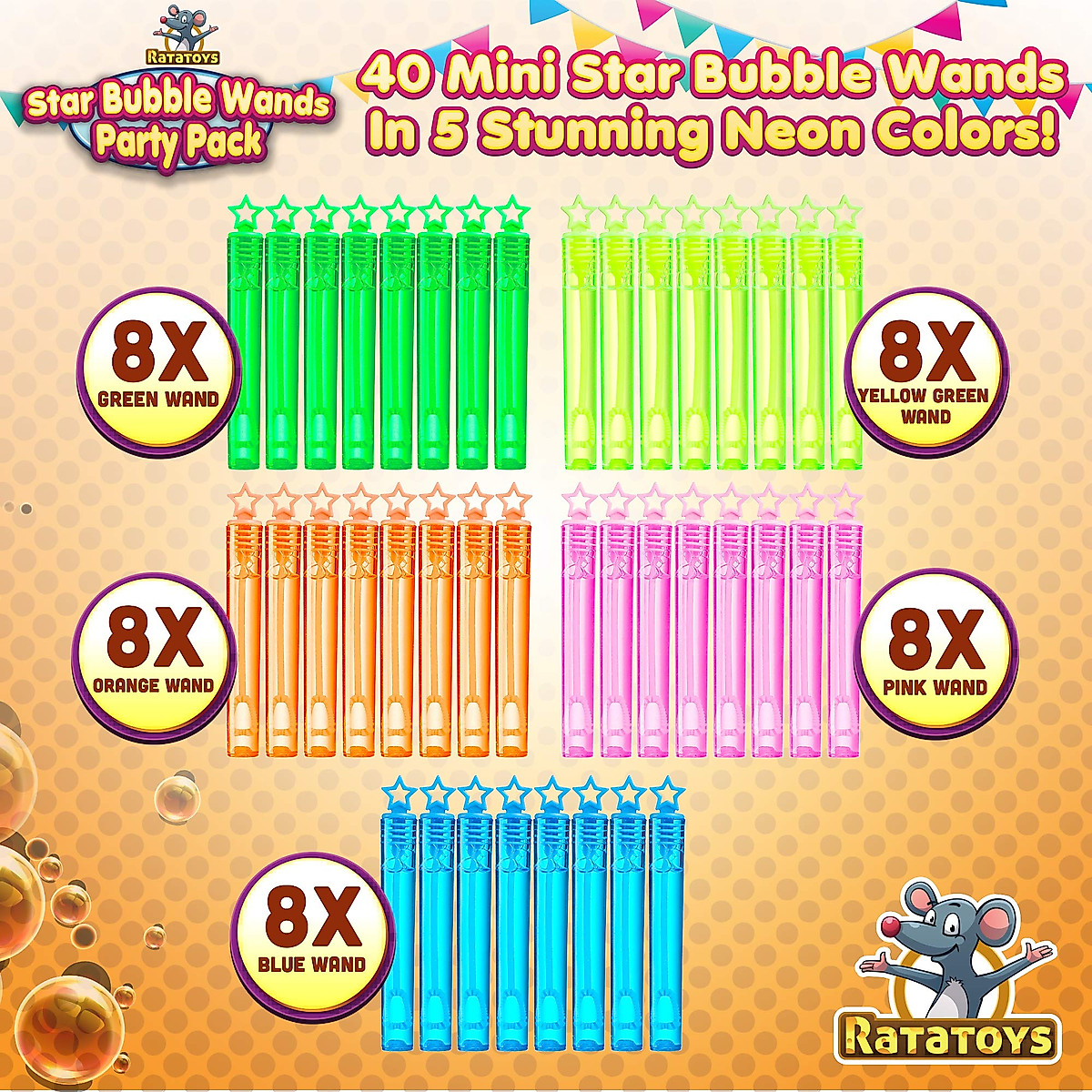 Star Bubble Wands Party Favors Pack Of 40 By Ratatoys: Mini Neon Bubble Wands | Odor-Free Non-Toxic Kids’/Birthday Treats Bubble Maker Toys for Kids | Outdoor Summer Events & Celebration Toy Gift