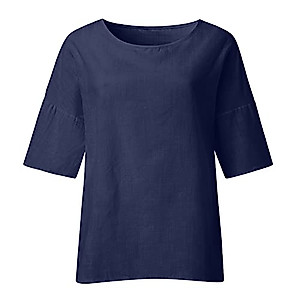 Ceboyel Women's Cotton Linen Tunic Shirts Dandelion Print Summer Tops 3/4 Sleeve Blouse Tshirts Bohemian Style Clothes 2023 Cotton Linen Tops for Women 2023 Navy 2X