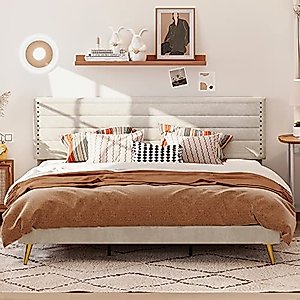 LIKIMIO King Size Bed Frame, Upholstered Platform Bed King with Headboard Heavy Strong Metal/Wood Supports, Easy Assembly, Noise-Free, No Box Spring Needed, Beige