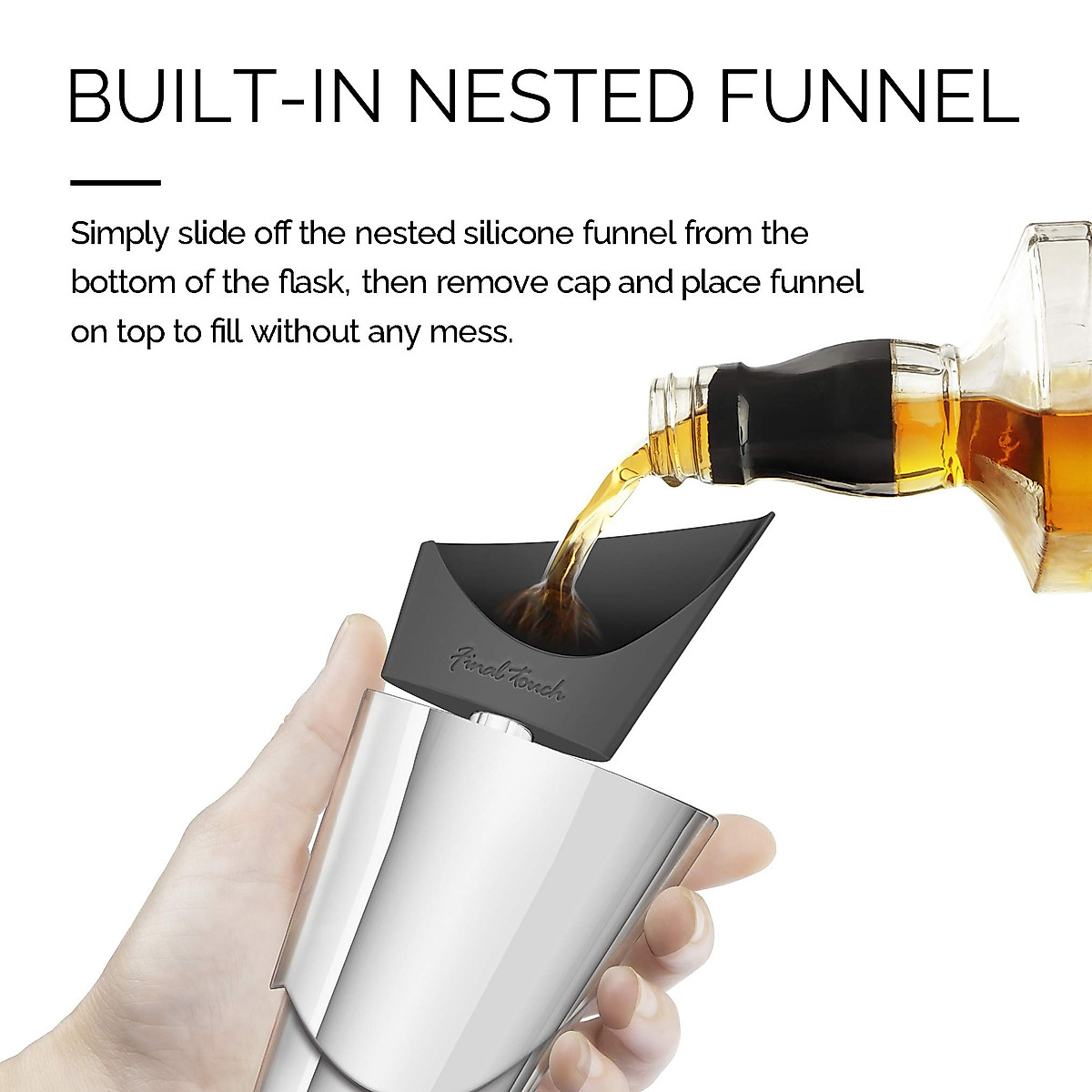 Final Touch Aero Flask Travel Liquor Container - 3.4 oz 100ml Carry-On Flask with Built-in Funnel - Aerodynamic Design Inspired by Airplane Wings - Stainless Steel - Comfortable for Pocket (FTA1820)