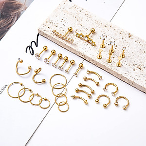 REVOLIA 32Pcs Stainless Steel Cartilage Stud Earrings for Women Conch Helix Tragus Daith Conch Hoop Earing Piercing Jewelry Set Gold