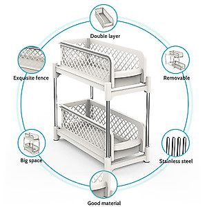 Under Sink Organizers and Storage,2 Tier Pull Out Bathroom Sink Organizer, Sliding Cabinet Basket Organizer with 4 Hooks,2 Hanging Cups, Under Sink Storage for Bathroom, Kitchen, Cleaning Supplies.