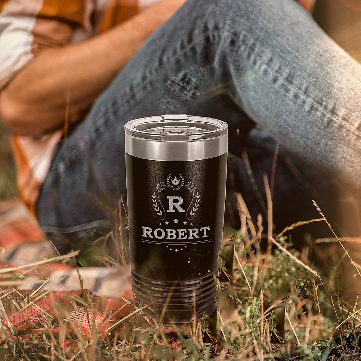 Personalized Monogram Initial and Name Coffee Tumblers 20 oz. Laser Engraved in Stainless Steel Vacuum Insulated Travel Mug Cup with Lid, Custom Gifts for Him, Her