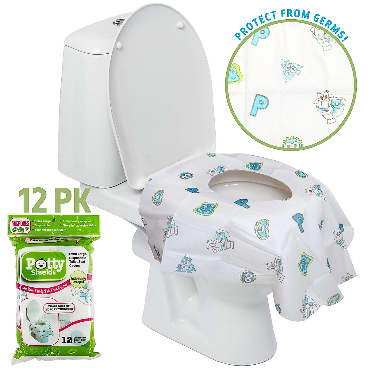 Potty Shields Toilet Seat Covers Disposable (12 Pack) - XL Waterproof Toilet Cover for Toddlers, Kids & Adults - Portable & Individually Wrapped for Travel, Potty Training, Vacations, Public Restrooms