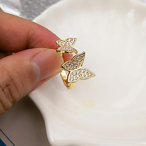 METTU Double Butterfly Finger Rings Open Adjustable Cubic Zirconia Ring for Women (Gold)