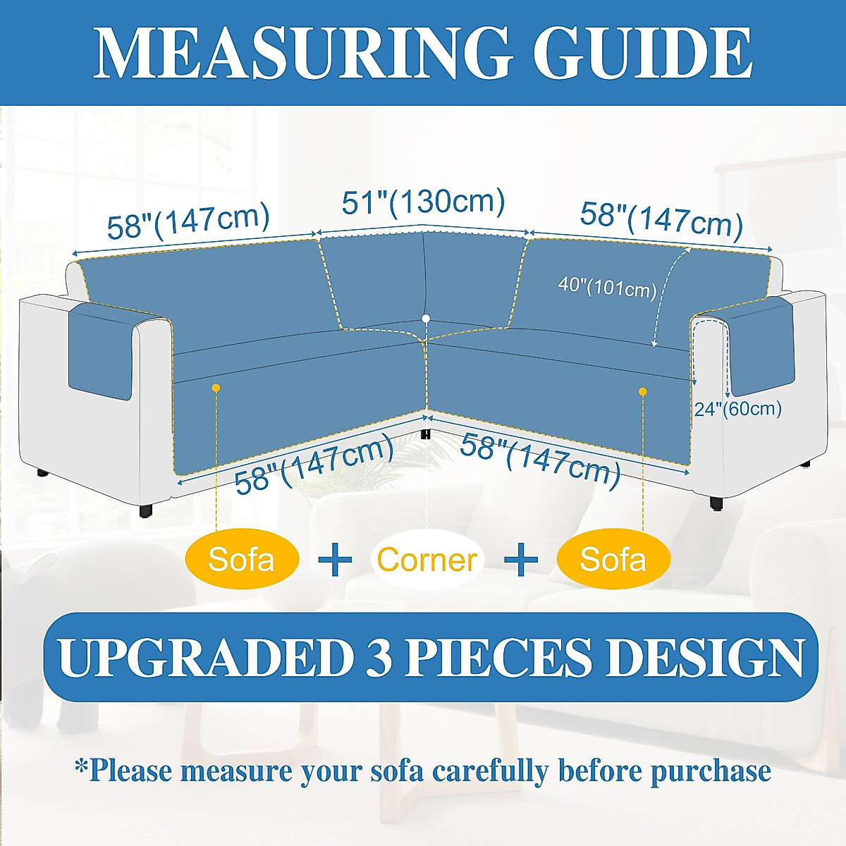 ALIECOM 100% Dual Waterproof Corner Sectional Couch Covers L Shape 3 Piece L Shaped Sectional Sofa Cover for Dogs Pets Living Room U Sectional Slipcovers Set Washable Slip Covers (Dark Gray, Large)