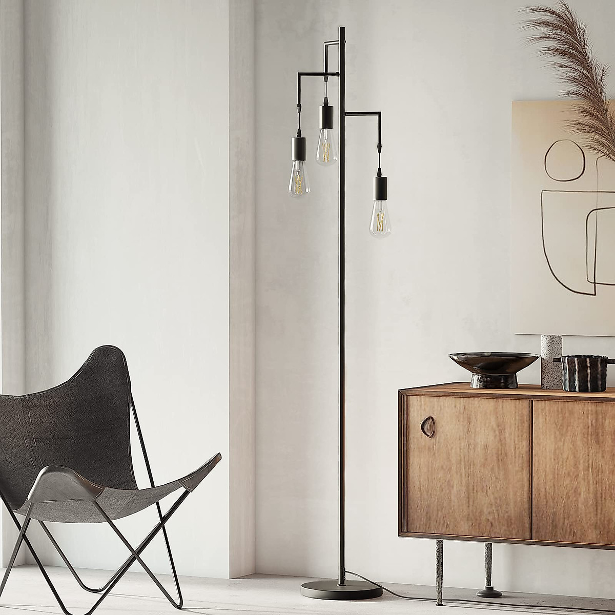 SUNMORY Farmhouse Industrial Floor Lamp for Living Room,Standing Tree Floor Lamp with 3 Edison Led Bulbs ,Rustic Floor Lamps for Living Room，Bedroom，Black Floor Lamp,Tall Lamps for Living Room，Office