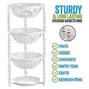 Uncluttered Designs Stacking Basket Bins (3 Tier + Plate) — Display for Fruit, Potato, Onion & Produce — Crafts, Art Supplies & Housewares Organizer — Bedroom & Bathroom Organization & Storage (White)