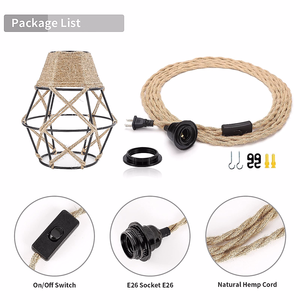 Industrial Plug in Pendant Light - 16.4ft Hanging lights with Plug In Cord Hemp Rope Hanging Lamp Farmhouse Hanging Light Fixtures with On/Off Switch for Kitchen Island Bedroom Living Room