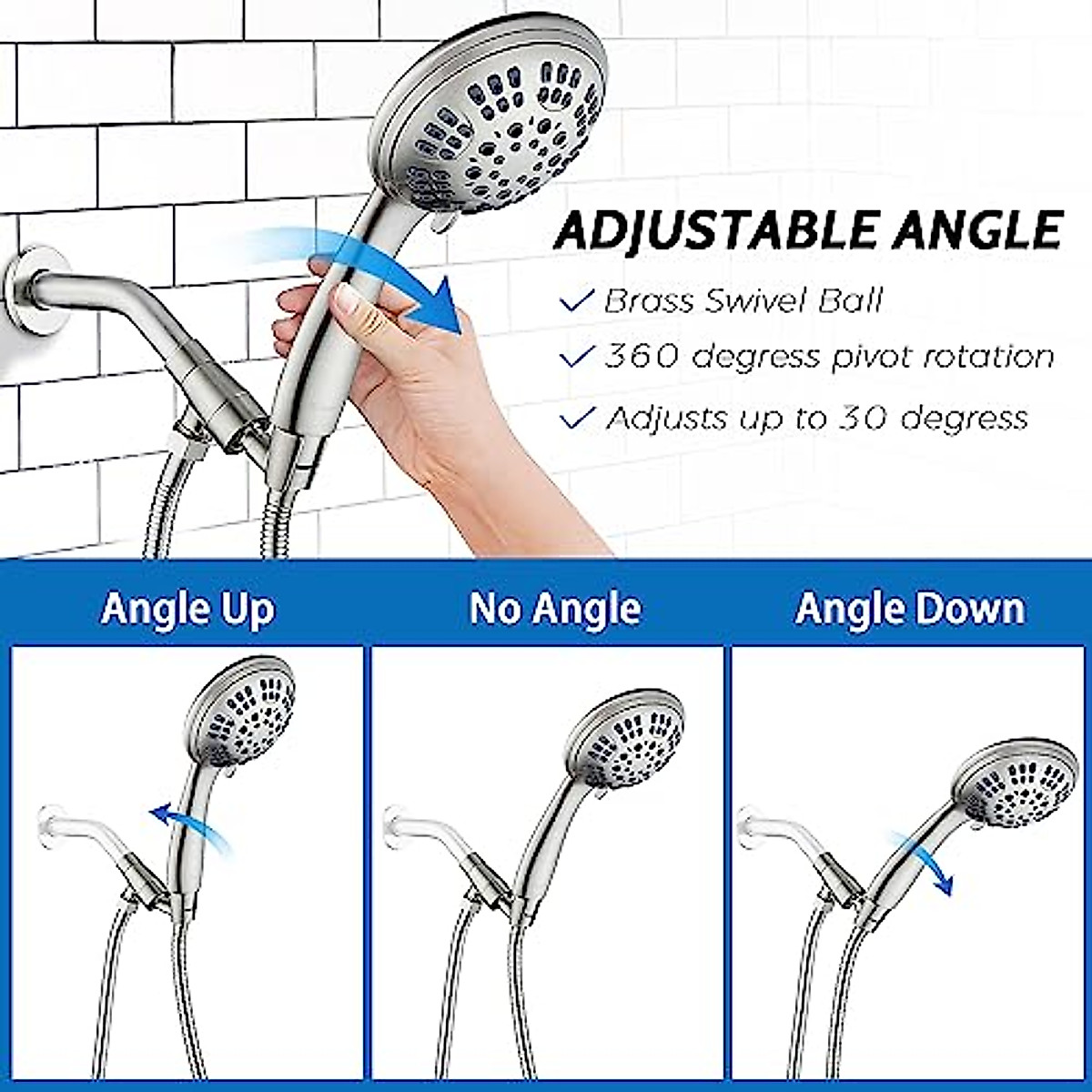 G-Promise High Pressure Shower Head 6 Spray Setting Hand Held Shower Heads with Adjustable Solid Brass Shower Arm Mount Extra Long Flexible Stainless Steel Hose(Brushed Nickel)