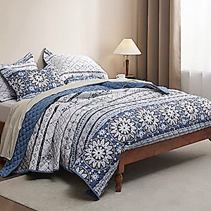 Bedsure Boho Quilt Set Queen - Reversible Bohemian Striped Pattern Quilt Bedding Set, 3 Pieces Lightweight Microfiber Bedspread, Coverlet with 2 Pillow Shams for All Seasons (90"x96")