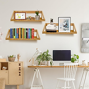 ONEHAUS Floating Shelves Wall Mounted, 3 Pcs Solid Bamboo Wall Hanging Rack Holder, Wall Storage Shelves for Bedroom, Living Room, Bathroom, Kitchen, Office Decor