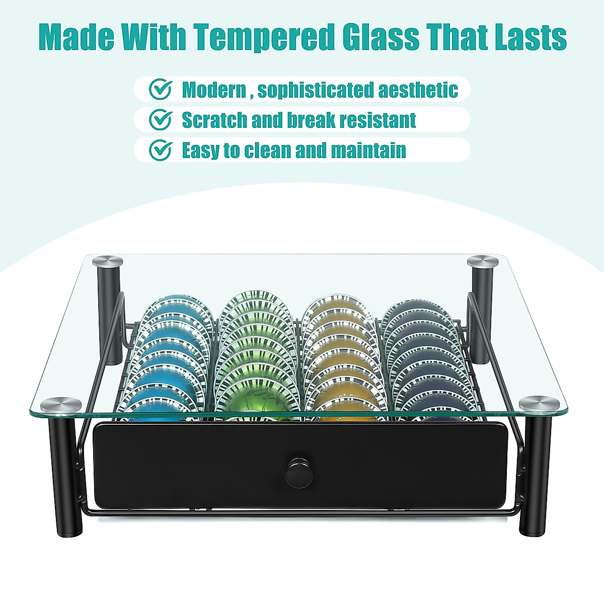 ROWISE Coffee Pod Drawers, Crystal Tempered Glass Pod Holder Drawer Compatible with Nespresso Capsules, Holds Up to 40 Capsules, Size 13"x14.7"x3.5"