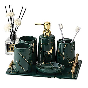 BREFIO Soap Dispenser Set，Contains Toothbrush Cup, Tray, Mouthwash Cup,Aromatherapy Combination ，soap Dish，7 Piece Ark Green Ceramics Soap Dispenser Set，Bath Accessories Set,Set in Marble Look, Whit