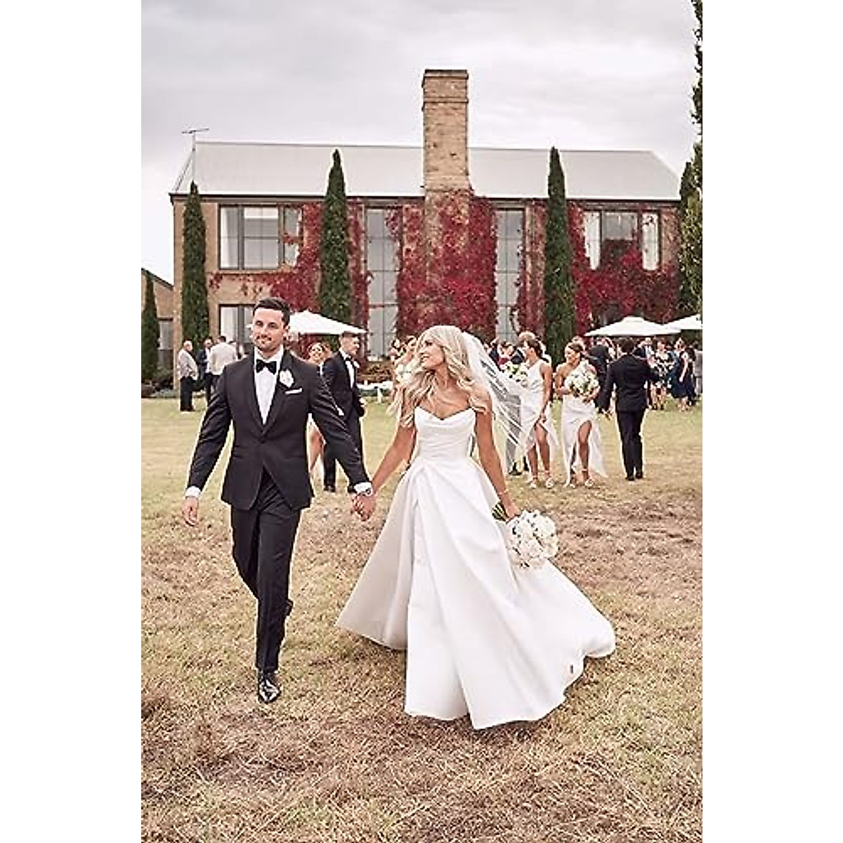 Strapless Wedding Dresses for Bride 2023 Simple Satin Wedding Dress with Slit Ivory Ball Gown for Women Size 14