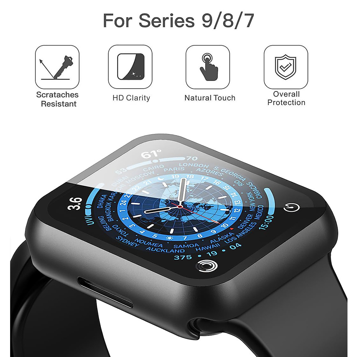 Misxi 2 Pack Hard PC Case with Tempered Glass Screen Protector Compatible with Apple Watch Series 9 (2023) Series 8 Series 7 41mm, Ultra-Thin Scratch Resistant Cover for iWatch S9/S8/S7, Black