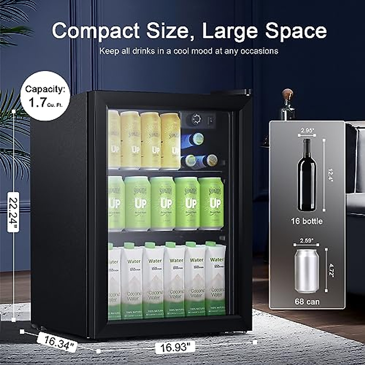 Antarctic Star 16 Bottle 68 Can Beverage Refrigerator, Wine Cooler/Cabinet, Small Mini Fridge, Clear Front Glass Door Quiet Compressor ，Freestanding 1.7 cu.ft.