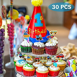 BIEUFBJI Transportation Cupcake Toppers 30 Pack Car Truck Train Airplane Ship Party Cake Toppers Picks for Kids Birthday Baby Shower Party Decorations Supplies