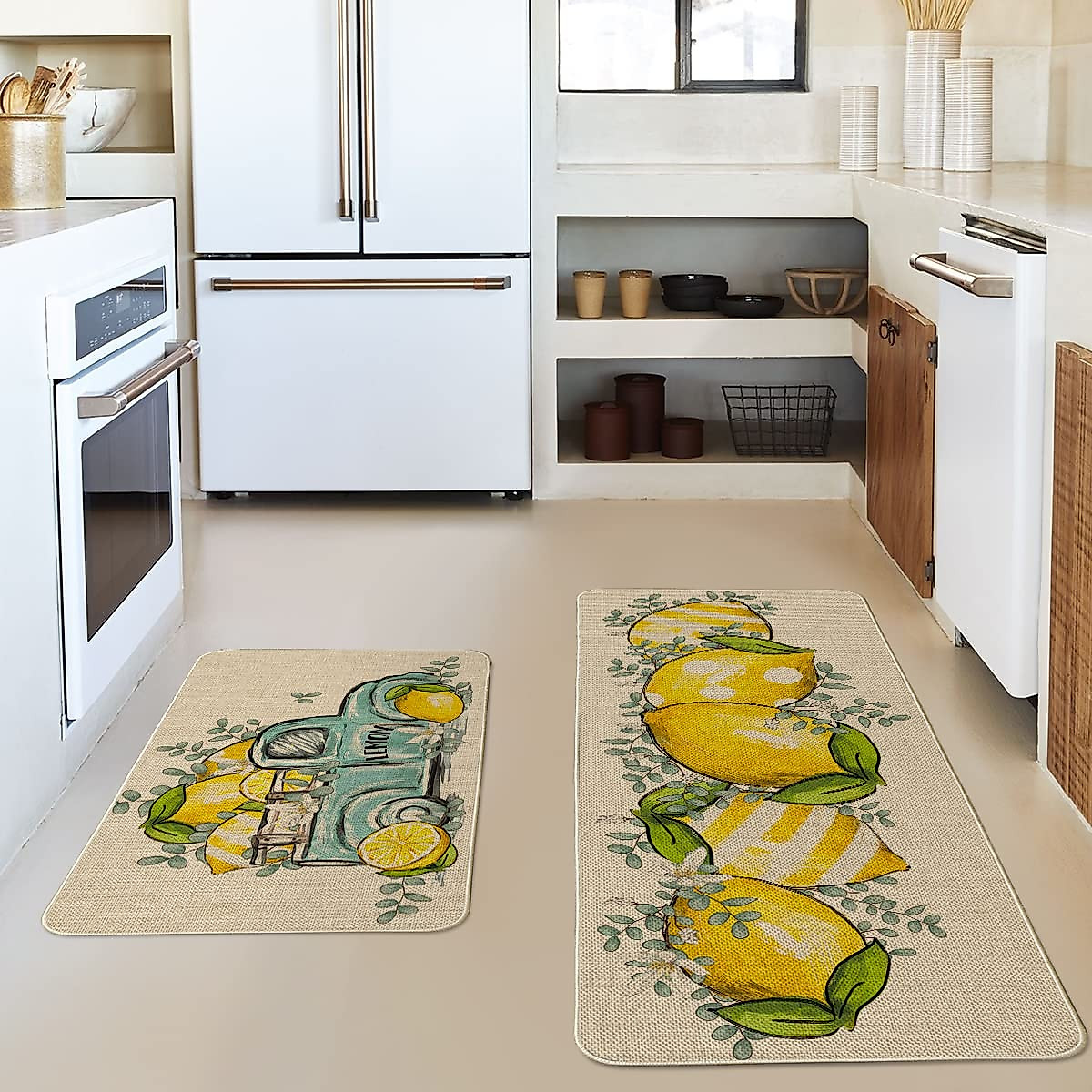 Artoid Mode Eucalyptus Lemon Truck Summer Kitchen Mats Set of 2, Spring Home Decor Low-Profile Kitchen Rugs for Floor - 17x29 and 17x47 Inch