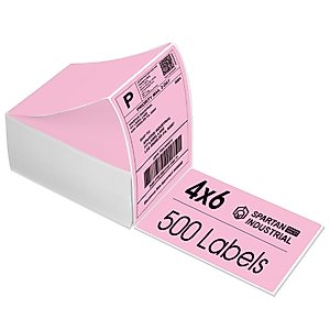 Spartan Industrial Direct Thermal 4" X 6" Fanfold Pink Shipping Labels | (500 Total 4x6 Fan-fold Labels) | Compatible with Rollo, Munbyn, Zebra Thermal Printers | Commercial Grade and Professional