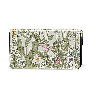 Seamless Floral Herbs and Wildflowers Botanical Pattern Leather Long Wallet Organizer with Zipper Purse Clutch Bag for Women Men Key Card Coin Passport Checkbook