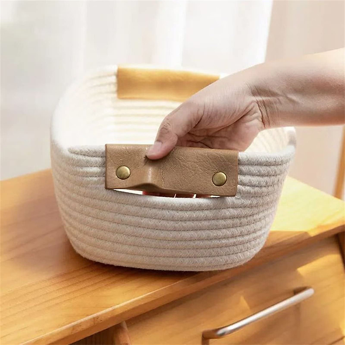 Typutomi Cotton Coiled Rope Basket with Handles Woven Basket for Storage Nursery Storage Basket Decorative Storage Basket Towel Baskets Laundry Basket for Bathroom Baby Toy Basket(S:11x8.6x4.3 inch)