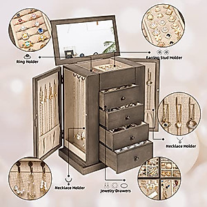 Emfogo Jewelry Box for Women, 5 Layer Large Wood Jewelry Boxes & Organizers for Necklaces Earrings Rings Bracelets, Rustic Jewelry Organizer Box with Drawers and Mirror(Weathered Gray)