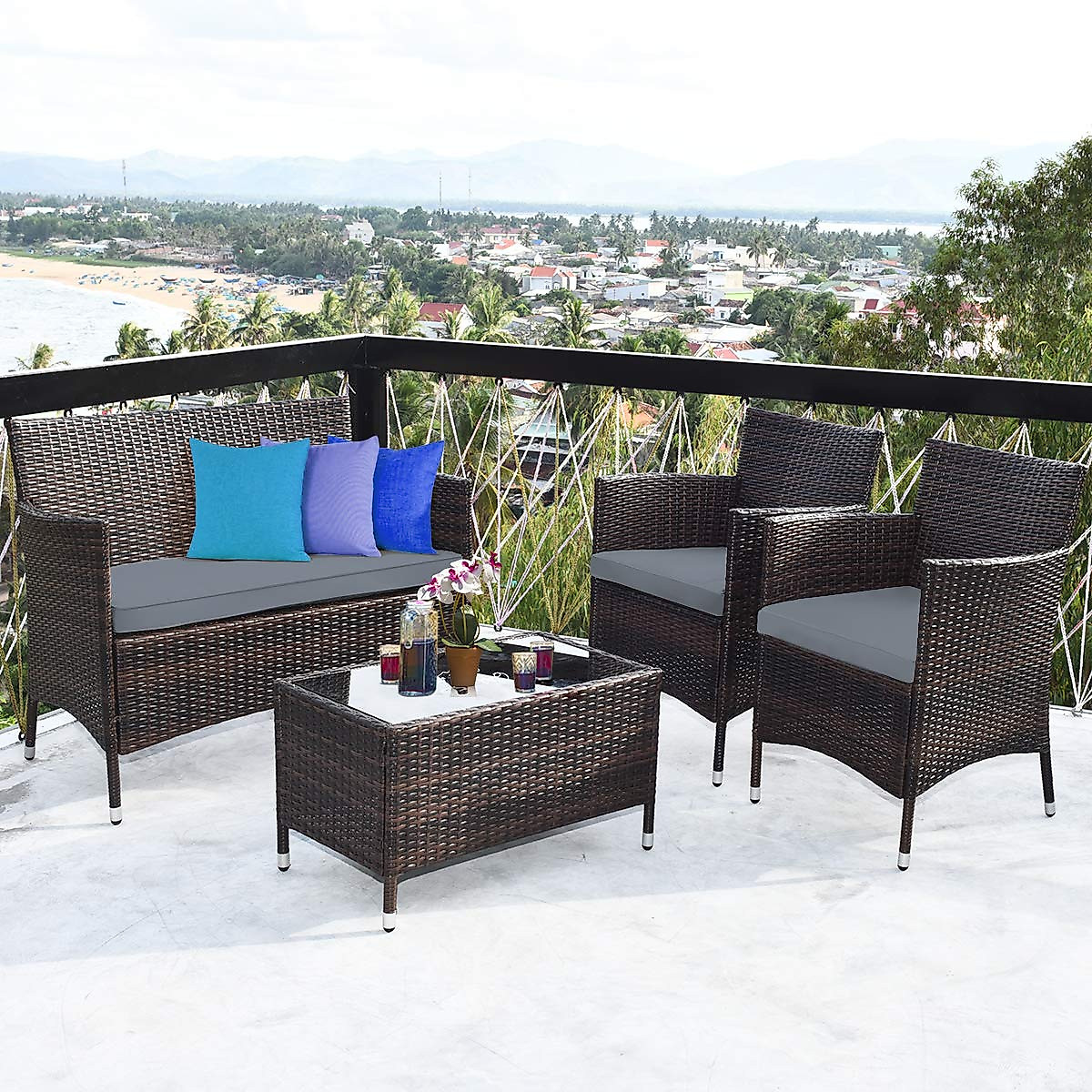 RELAX4LIFE 4-Piece Patio Furniture Set - Wicker Rattan Chairs w/Tempered Glass Coffee Table & Seat Cushions, Sofa Set for Garden Backyard Porch Balcony, Outdoor Conversation Set (Grey, 1)