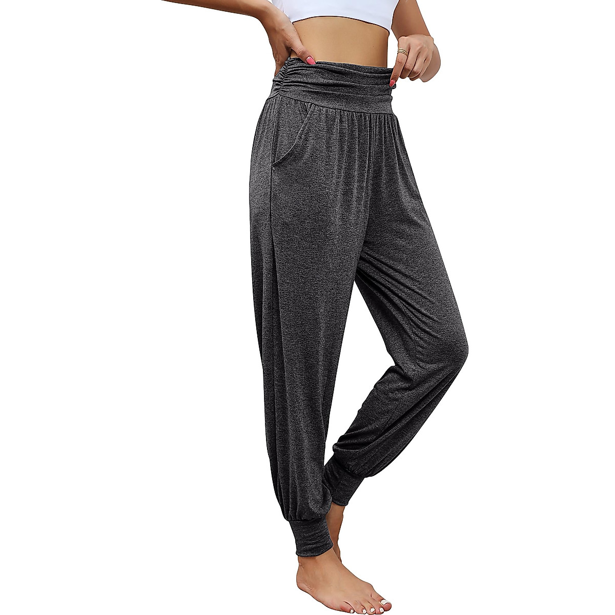 Locoowai 2 Pack Women's Yoga Joggers, Cozy Sweatpants with Pockets Casual Loose Comfy High Waisted Lounge Pants (Black, Dark Gray,Large)