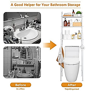 Over The Toilet Storage Rack,3-Tier Industrial Bathroom Storage Shelf With Steel Frame Above Toilet Storage Shelf Floor Free Standing Anti-Tilt Metal Frame Shelf Organizer Bathroom Furniture,White