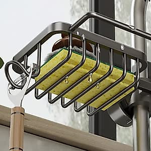 LuLusmoda Kitchen Sink Rack Faucet Sponge Holder Over The Sink Organizer Faucet Rack with Hook，A Free Dish Cloth Note：Round Pipe with Diameter 0.7-1.1 Inchs Can Be Used(Aluminum，Double,Elegant Gray