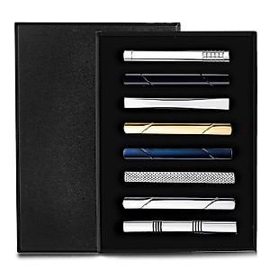 Jstyle 8Pcs Tie Clips for Men, Matte and Shiny Tie Clip Set with Elegant Gift Box, Classic Tie Bar Set for Regular Ties Necktie Wedding Bussiness Anniversary Tie Pin Clips
